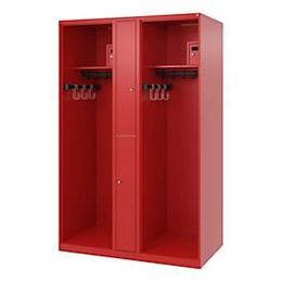 Feuerwehrspind C+P Evolo Maxi, 4 Abteile für 2 Personen, ohne Helmhalter, Bodengleiter, B 1200 x T 500 x H 1850 mm, RAL 3000 Feuerrot