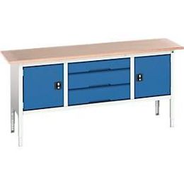 Werkbank Bott verso, bis zu 800 kg, 3 Schubladen + 2 Türen, B 2000 x T 600 x H 930 mm, Buche Multiplex, Stahl, Lichtgrau RAL 7035 / Enzianblau 5010
