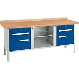 Schäfer Shop Kastenwerkbank Schäfer Shop Select PW 200-0, Buche Multiplexplatte, bis 750 kg, B 2000 x T 700 x H 840 mm, Enzianblau