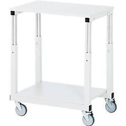 Rau Tischwagen Serie E, 2 Etagen, Melaminplatten, Stahlrohr-Gestell, 4 TPE-Lenkrollen, B 700 x T 500 x H 650-1000 mm, bis 450 kg, lichtgRau