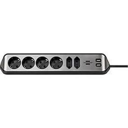 Fa.Brennenstuhl Steckdosenleiste brennenstuhl estilo, 6-fach, 2 USB-Ladebuchsen, IP20, Kabellänge 2 m, L 365 x B 60 x T 110 mm, Edelstahl & Kunststoff, schwarz-silber