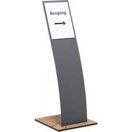 Infoständer, Segelform, für Dokumente bis A4, B 360 x T 360 x H 960 mm, Hirnholz-Eiche/Acrylglas, grau-matt