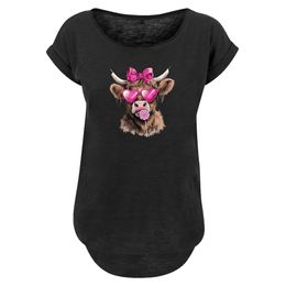 F4NT4STIC T-Shirt 'Highland Cow Valentinstag Sonnenbrille' Damen Gr&ouml;&szlig;e M braun / pink / schwarz