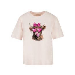F4NT4STIC T-Shirt 'Highland Cow Valentinstag Sonnenbrille' Damen Gr&ouml;&szlig;e M cappuccino / dunkelbraun / fuchsia / pastellpink