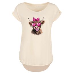 F4NT4STIC T-Shirt 'Highland Cow Valentinstag Sonnenbrille' Damen Gr&ouml;&szlig;e 4XL sand / brokat / dunkelbraun / fuchsia