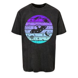 F4NT4STIC T-Shirt 'Retro Alien Weltraum Sonnenuntergang' Herren Gr&ouml;&szlig;e S aqua / hellblau / lila / schwarz