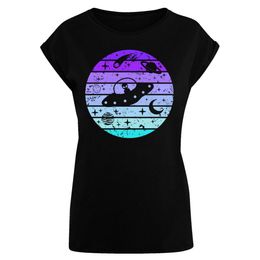 F4NT4STIC T-Shirt 'Retro Alien Weltraum Sonnenuntergang' Damen Gr&ouml;&szlig;e XL aqua / hellblau / lila / schwarz