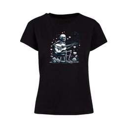 F4NT4STIC T-Shirt 'Skelett Spielt Gitarre, Musik, Liebe' Damen Gr&ouml;&szlig;e XS petrol / rosa / schwarz / offwhite