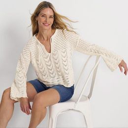 LANDS' END Baumwollpullover mit Ajourmuster, Damen,  Wei&szlig;, Baumwoll-Mischung/Polyester-Mischung, by Lands' End