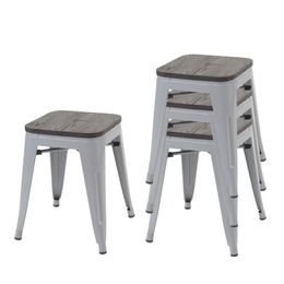 4er-Set Hocker MCW-A73 inkl. Holz-Sitzfl&auml;che, Metallhocker Sitzhocker, Metall Industriedesign stapelbar ~ grau