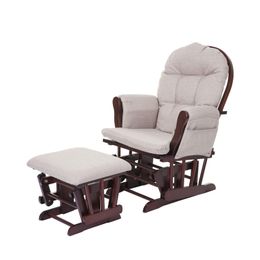 Relaxsessel MCW-C76, Schaukelstuhl Sessel Schwingstuhl mit Hocker ~ Stoff/Textil, creme-grau, Gestell braun