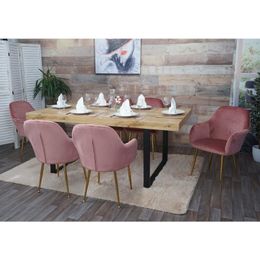 6er-Set Esszimmerstuhl MCW-F18, Stuhl K&uuml;chenstuhl, Retro Design ~ Samt altrosa, goldene Beine