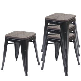 4er-Set Hocker MCW-A73 inkl. Holz-Sitzfl&auml;che, Metallhocker Sitzhocker, Metall Industriedesign stapelbar ~ schwarz