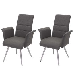 2er-Set Esszimmerstuhl MCW-G55, K&uuml;chenstuhl Stuhl mit Armlehne, Stoff/Textil Edelstahl geb&uuml;rstet ~ grau-braun