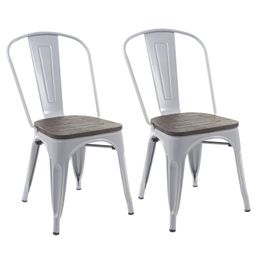 2er-Set Stuhl MCW-A73 inkl. Holz-Sitzfl&auml;che, Bistrostuhl Stapelstuhl, Metall Industriedesign stapelbar ~ grau