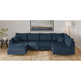 Wohnlandschaft Home Affaire "CHARRE U-Form mit Ottomane, Ma&szlig;e B/T/H: 310/161/81 cm", blau (dunkelblau), B:310cm H:81cm T:161cm, 100% Polyester, Sofas, Wohnlandschaft, feine Steppung, lose R&uuml;cken- und Zierkissen, auch in Cord und Boucl&eacute;