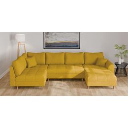 Wohnlandschaft Home Affaire "CHARRE U-Form mit Ottomane, Ma&szlig;e B/T/H: 310/161/81 cm", gold, B:310cm H:81cm T:161cm, 92% Polyester, 8% Nylon, Sofas, Wohnlandschaft, feine Steppung, lose R&uuml;cken- und Zierkissen, auch in Cord und Boucl&eacute;