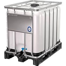 IBC Container, 600 Liter, UN-Zulassung, Kunststoffdeckel, Stahl-Kreuzverband, Stahltraverse, auf Kunststoffpalette, B 1200 x T 1000 x H 1013 mm