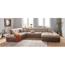 Wohnlandschaft DOMO collection "PB Moric wahlweise mit Bettfunktion und Armteilverstellung U-Form", braun (braun, braun, beige, beige), B:353cm H:80cm T:95cm, Zierkissen: Struktur (90% Polyester, 10% Polyacryl);Microfaser PRIMABELLE (100% Polyester) / Struktur (90% Polyester, 10% Polyacryl);Kunstleder SOFTLUX / Struktur (90% Polyester, 10% Polyacryl), Sofas, Wohnlandschaft, XXL-Format B/T/H: 353/2
