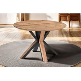 Runder Esszimmertisch Akazie naturfarben Schweizer Kante 105 cm Spider-Gestell schwarz aus Metall + Holz AMBER