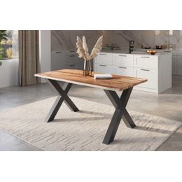 Baumkantentisch Akazie natur mit schwarzen Resin-Adern 180 x 90 cm X-Gestell schwarz POLLY