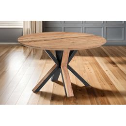Runder Esszimmertisch Akazie naturfarben Schweizer Kante 120 cm Spider-Gestell schwarz aus Metall + Holz AMBER