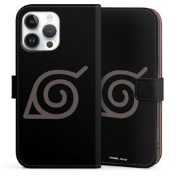 DeinDesign iPhone 14 Pro Max Handy Klapph&uuml;lle Handyh&uuml;lle aus Kunst Leder schwarz Flip Case Naruto Shippuden Konoha Logo Sideflip mit Lasche