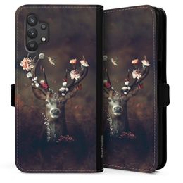 DeinDesign Galaxy A32 5G Handy Klapph&uuml;lle Handyh&uuml;lle aus Kunst Leder schwarz Flip Case Rehe Reindeer Flowers Sideflip mit langer Lasche