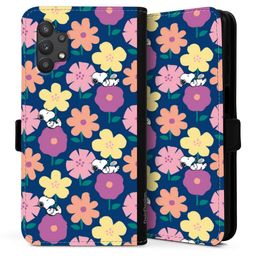 DeinDesign Galaxy A32 5G Handy Klapph&uuml;lle Handyh&uuml;lle aus Kunst Leder schwarz Flip Case Muster Snoopy Flowers Sideflip mit langer Lasche