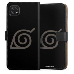 DeinDesign Galaxy A22 5G Handy Klapph&uuml;lle Handyh&uuml;lle aus Kunst Leder schwarz Flip Case Naruto Shippuden Logo Konoha Sideflip mit langer Lasche