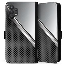 DeinDesign Galaxy A32 5G Handy Klapph&uuml;lle Handyh&uuml;lle aus Kunst Leder schwarz Flip Case Steel Metall Carbon Sideflip mit langer Lasche