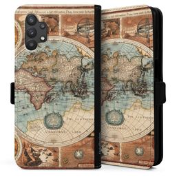 DeinDesign Galaxy A32 5G Handy Klapph&uuml;lle Handyh&uuml;lle aus Kunst Leder schwarz Flip Case World Map Vintage Map Sideflip mit langer Lasche