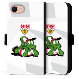 DeinDesign iPhone 16e Handy Klapph&uuml;lle Handyh&uuml;lle aus Kunst Leder schwarz Flip Case Vfb Stuttgart Mascot Official Licensed Product Sideflip mit Lasche