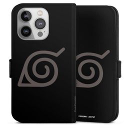DeinDesign iPhone 14 Pro Handy Klapph&uuml;lle Handyh&uuml;lle aus Kunst Leder schwarz Flip Case Naruto Shippuden Konoha Logo Sideflip mit langer Lasche