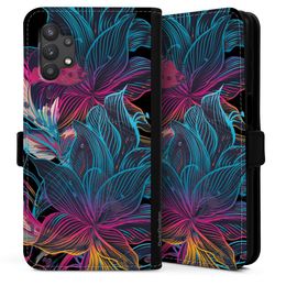 DeinDesign Galaxy A32 5G Handy Klapph&uuml;lle Handyh&uuml;lle aus Kunst Leder schwarz Flip Case Colourful Flowers Neon Sideflip mit langer Lasche