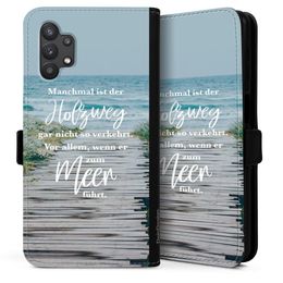 DeinDesign Galaxy A32 5G Handy Klapph&uuml;lle Handyh&uuml;lle aus Kunst Leder schwarz Flip Case Spruch Beach Statement Sideflip mit langer Lasche