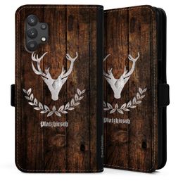 DeinDesign Galaxy A32 5G Handy Klapph&uuml;lle Handyh&uuml;lle aus Kunst Leder schwarz Flip Case Wood Deer Wooden Look Sideflip mit langer Lasche