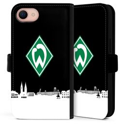 DeinDesign iPhone 16e Handy Klapph&uuml;lle Handyh&uuml;lle aus Kunst Leder schwarz Flip Case Skyline Sv Werder Bremen Official Licensed Product Sideflip mit Lasche