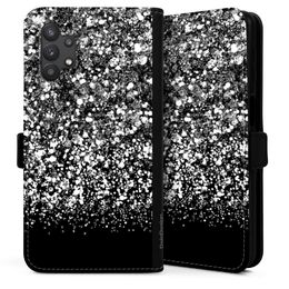 DeinDesign Galaxy A32 5G Handy Klapph&uuml;lle Handyh&uuml;lle aus Kunst Leder schwarz Flip Case Glitzer Snowflake Muster Sideflip mit langer Lasche