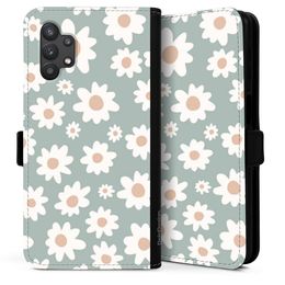 DeinDesign Galaxy A32 5G Handy Klapph&uuml;lle Handyh&uuml;lle aus Kunst Leder schwarz Flip Case Daisy Muster Flowers Sideflip mit langer Lasche