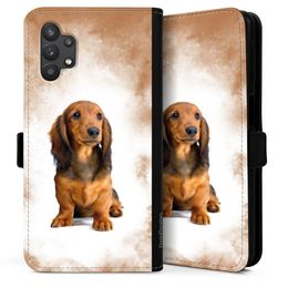 DeinDesign Galaxy A32 5G Handy Klapph&uuml;lle Handyh&uuml;lle aus Kunst Leder schwarz Flip Case Dog Dachshund Pet Sideflip mit langer Lasche