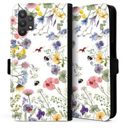 DeinDesign Galaxy A32 5G Handy Klapph&uuml;lle Handyh&uuml;lle aus Kunst Leder schwarz Flip Case Muster Flowers Bee Sideflip mit langer Lasche