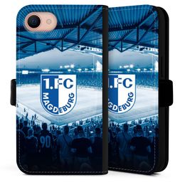 DeinDesign iPhone 16e Handy Klapph&uuml;lle Handyh&uuml;lle aus Kunst Leder schwarz Flip Case Stadium 1. Fcm 1. Fc Magdeburg Sideflip mit Lasche