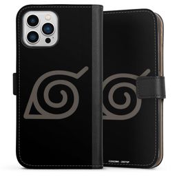 DeinDesign iPhone 13 Pro Max Handy Klapph&uuml;lle Handyh&uuml;lle aus Kunst Leder schwarz Flip Case Naruto Shippuden Konoha Logo Sideflip mit langer Lasche