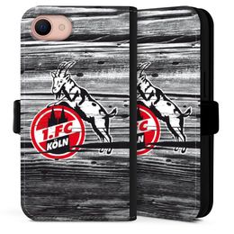 DeinDesign iPhone 16e Handy Klapph&uuml;lle Handyh&uuml;lle aus Kunst Leder schwarz Flip Case 1. Fc K&ouml;ln Wooden Look Official Licensed Product Sideflip mit Lasche