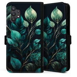 DeinDesign Galaxy A32 5G Handy Klapph&uuml;lle Handyh&uuml;lle aus Kunst Leder schwarz Flip Case Leaves Eukalyptus Black Sideflip mit langer Lasche