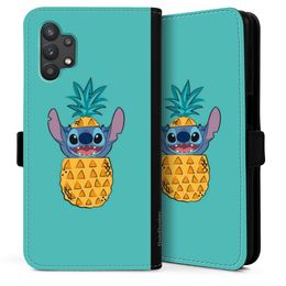 DeinDesign Galaxy A32 5G Handy Klapph&uuml;lle Handyh&uuml;lle aus Kunst Leder schwarz Flip Case Pineapple Lilo & Stitch Disney Sideflip mit langer Lasche
