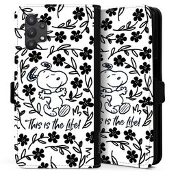 DeinDesign Galaxy A32 5G Handy Klapph&uuml;lle Handyh&uuml;lle aus Kunst Leder schwarz Flip Case Peanuts Flowers Snoopy Sideflip mit langer Lasche