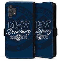 DeinDesign Galaxy A32 5G Handy Klapph&uuml;lle Handyh&uuml;lle aus Kunst Leder schwarz Flip Case Msv Duisburg Merchandise Soccer Sideflip mit langer Lasche