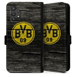 DeinDesign Galaxy A32 5G Handy Klapph&uuml;lle Handyh&uuml;lle aus Kunst Leder schwarz Flip Case Wooden Look Bvb Borussia Dortmund Sideflip mit langer Lasche